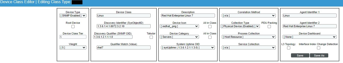 Red Hat Linux device class set to NET-SNMP Linux